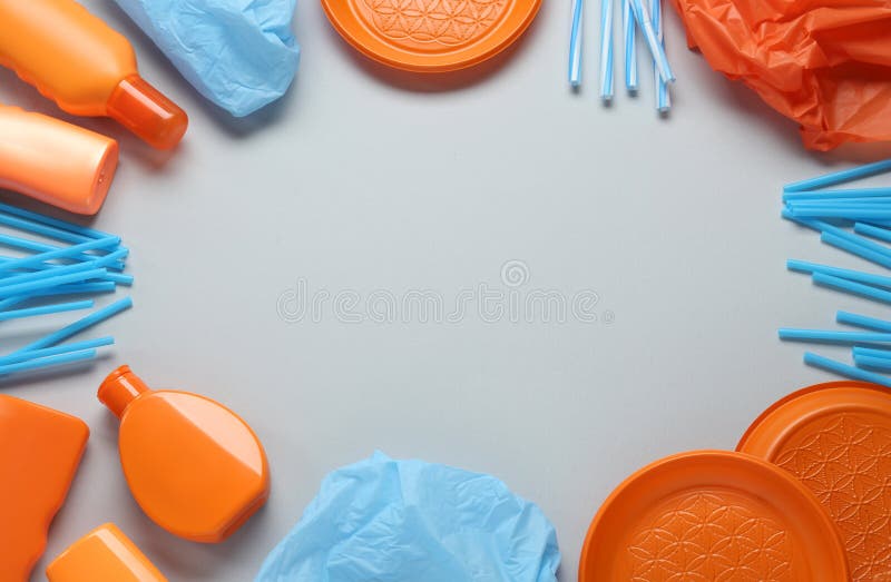 Frame of Different Plastic Items on Grey Background, Flat Lay. Space ...