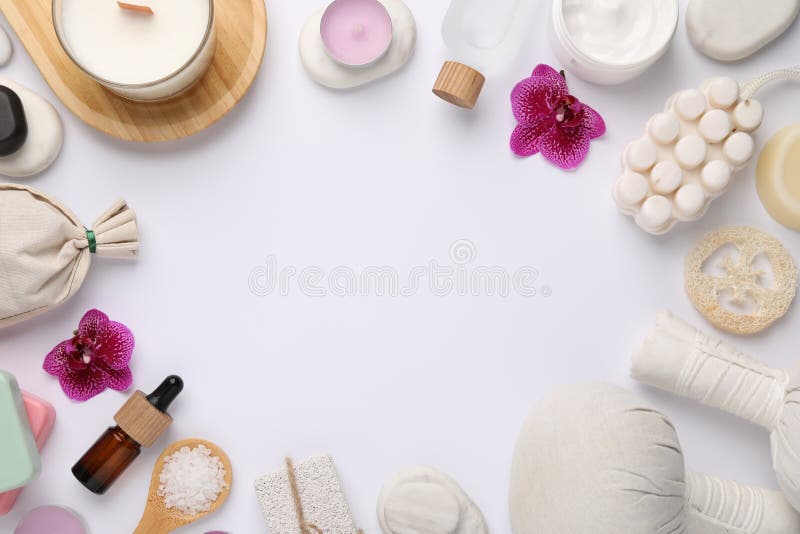 Frame with Different Spa Products and Space for Text on White ...