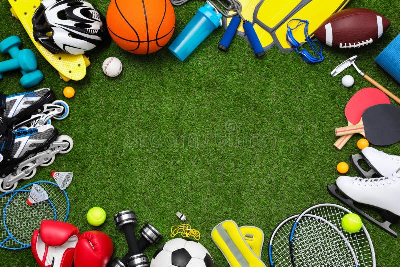 Frame of Different Sport Equipment on Green Grass, Flat Lay. Space for ...