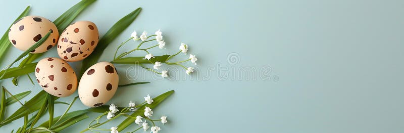 Frame with Easter Eggs and Lily of the Valley Flowers on Pastel Blue ...