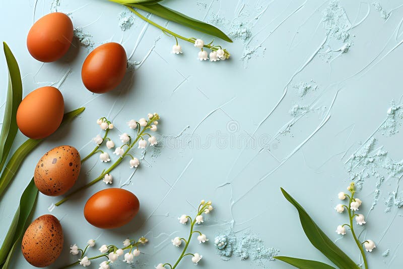 Frame with Easter Eggs and Lily of the Valley Flowers on Pastel Blue ...