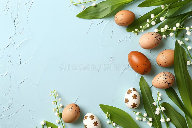 Frame with Easter Eggs and Lily of the Valley Flowers on Pastel Blue ...