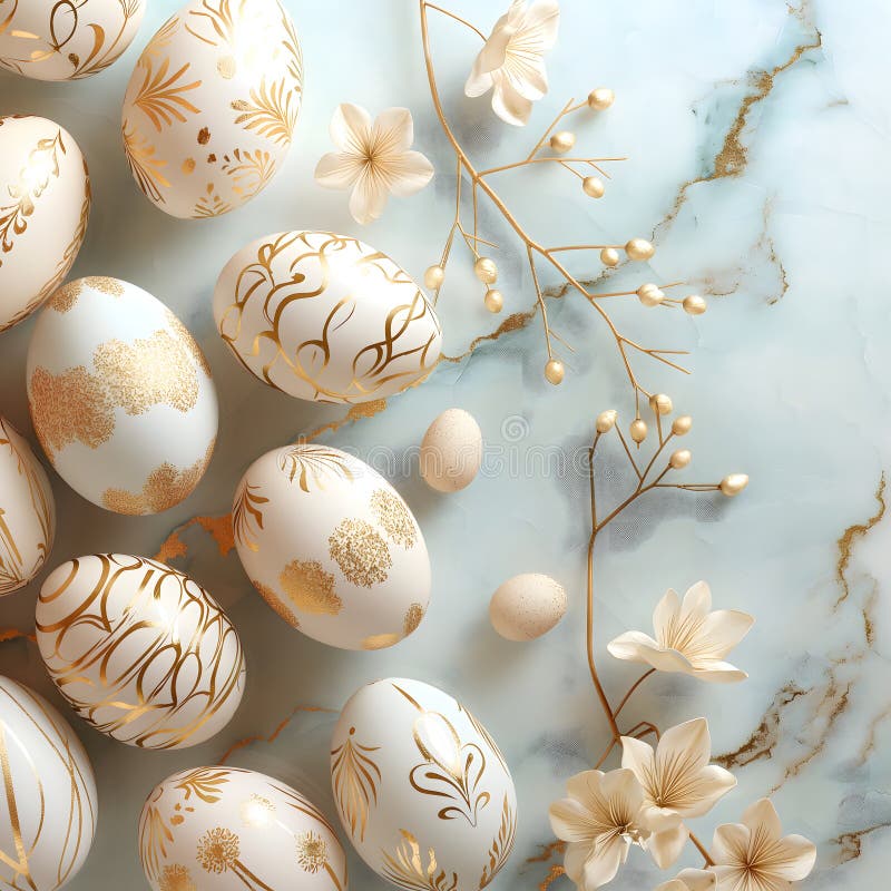 Frame for Easter Festival. White Easter Eggs with Cute Golden Patterns ...