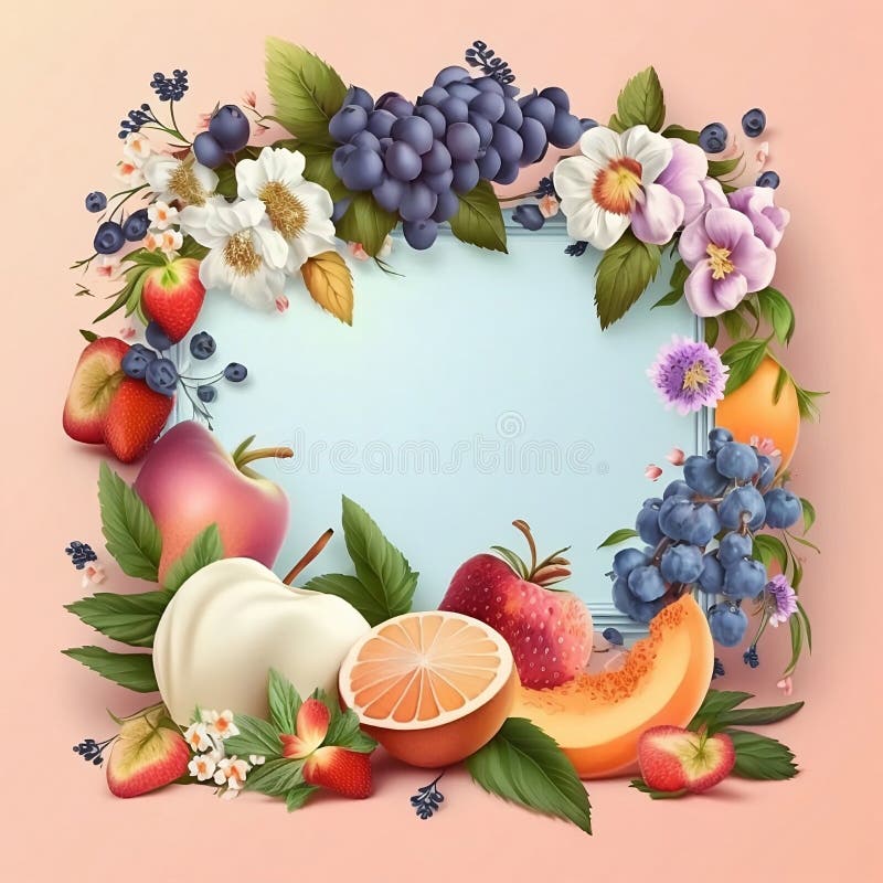 Frame with Flowers and Fruits on Pastel Background Stock Illustration ...