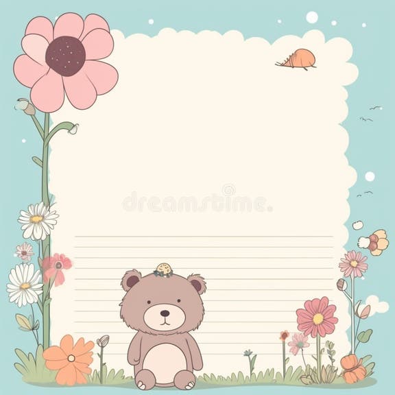 Frame with Flowers and Teddy Bear Notepad Stock Illustration - Illustration of decoration ...