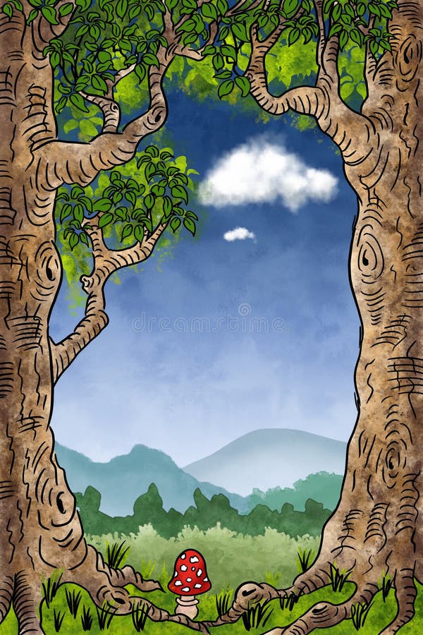 Frame Formed by Cartoon Trees for Copy Space with Landscape Stock ...