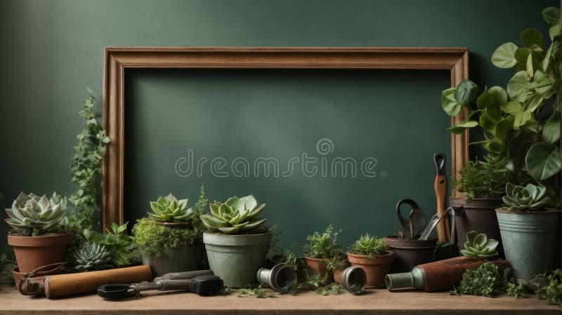Frame of Gardening Tools with Mini Roses in Pots with Copy Space ...