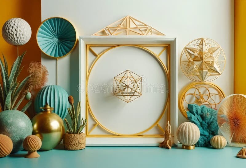 Frame with Geometric Design and Various Decorative Objects Stock ...