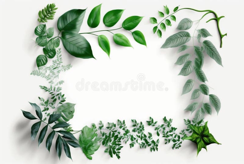 Frame of Green Leaves on a White Background. Lay Flat. Generative AI ...