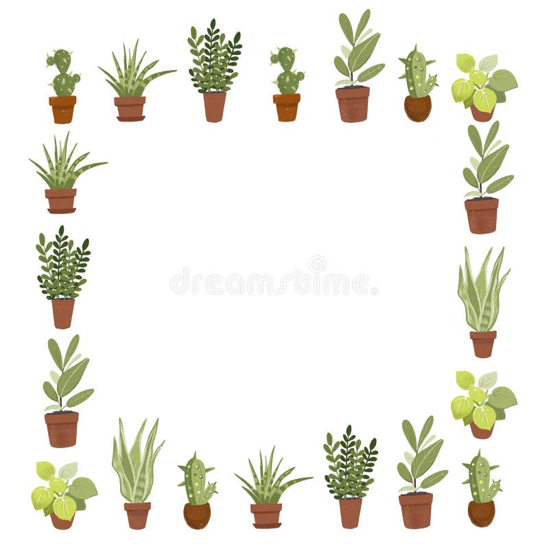 Frame with Green Plants in Flower Pots. Stock Illustration ...
