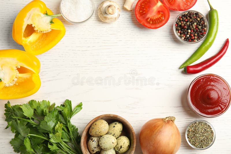 Frame of Ingredients for Cooking on White Table, Flat Lay. Space for ...