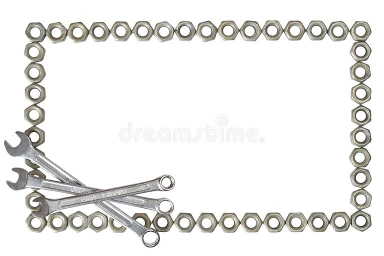 A Frame of Iron Nuts and Wrenches on a White Background. Stock Image ...
