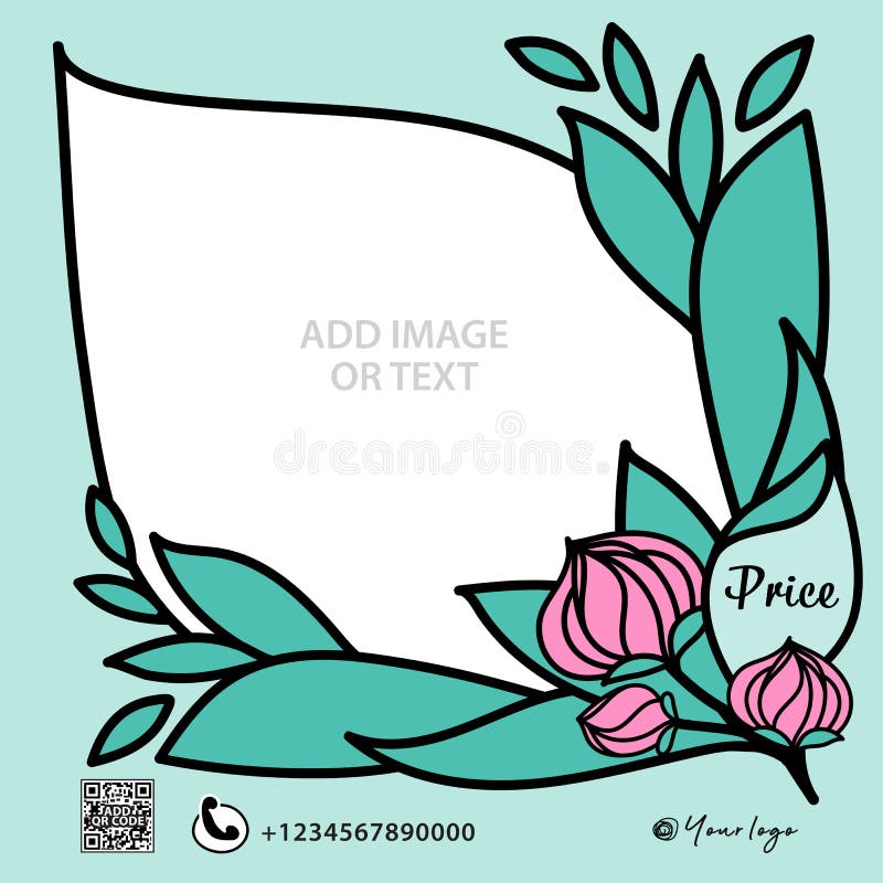 Leafs with Flowers Frame Background Template Vector, Social Media Post ...