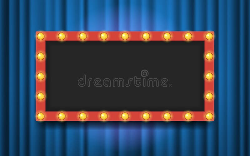 Frame with Light Bulbs on Blue Theater Curtains Background. Vector ...