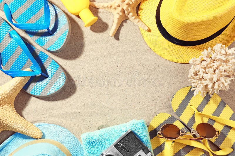 Frame Made of Beach Items on Sand Stock Photo - Image of flat ...