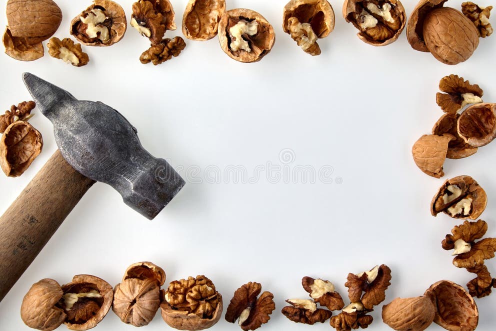 A Frame Made of Chopped Walnuts and a Hammer Stock Photo - Image of ...