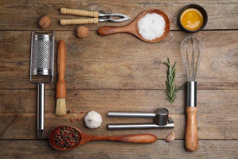 Frame Made of Cooking Utensils and Fresh Ingredients on Wooden Table ...