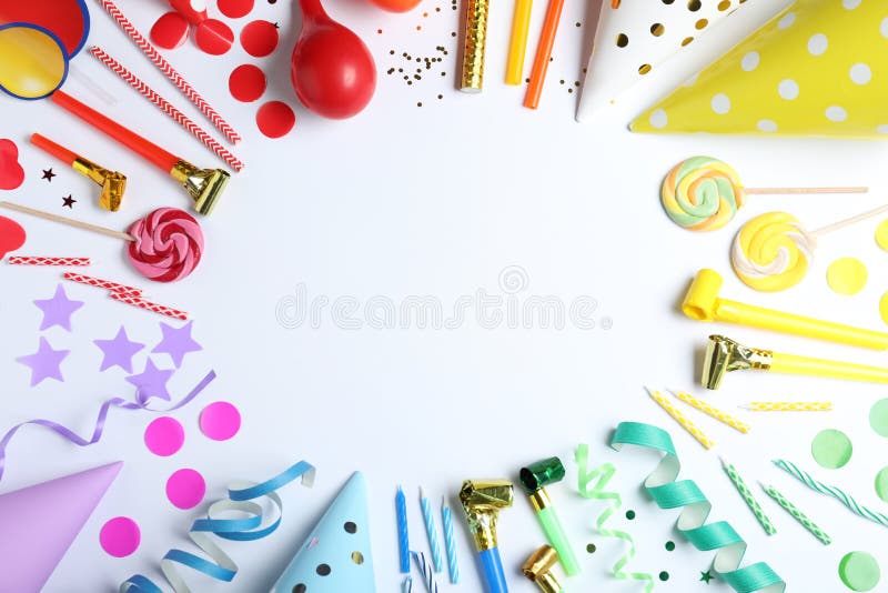 Frame Made of Different Birthday Party Items on White Background, Top ...