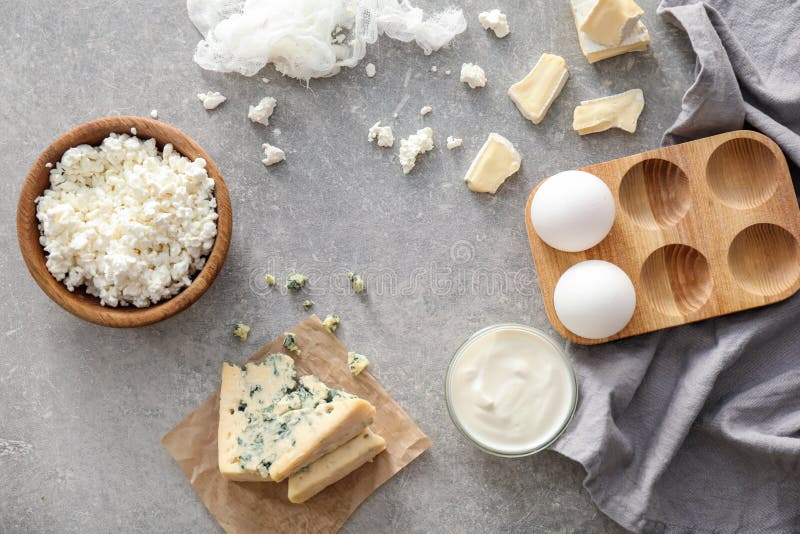 Frame Made of Different Milk Products on Grey Background Stock Photo ...