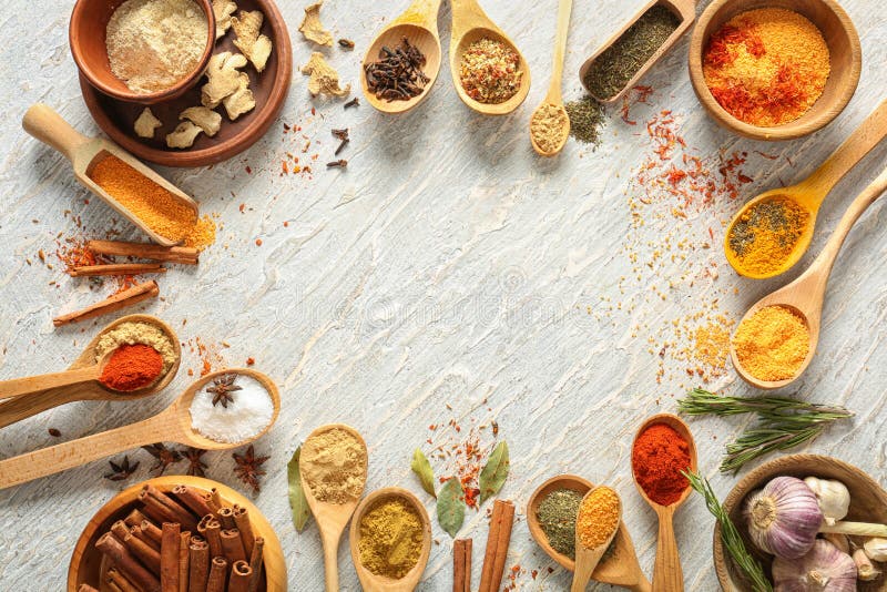 Frame Made of Different Spices on Light Textured Background Stock Image ...