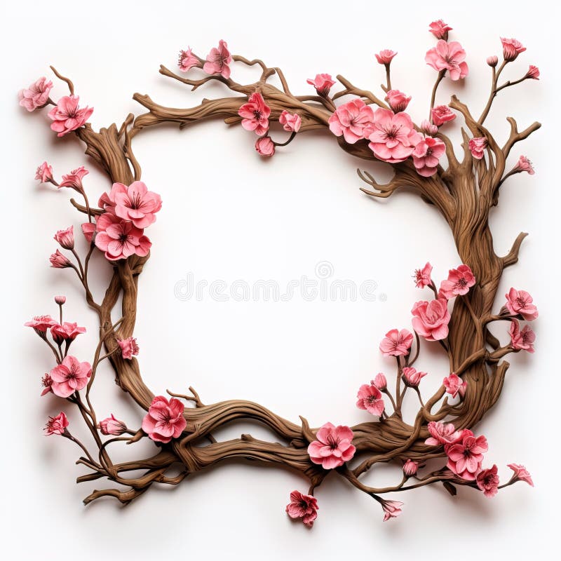 Frame Made of Dry Tree Branches and Pink Flowers on a White Background ...