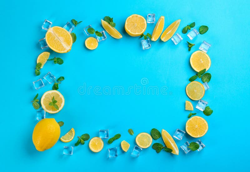 Frame Made of Lemon Slices, Mint and Ice on Background, Top View with ...