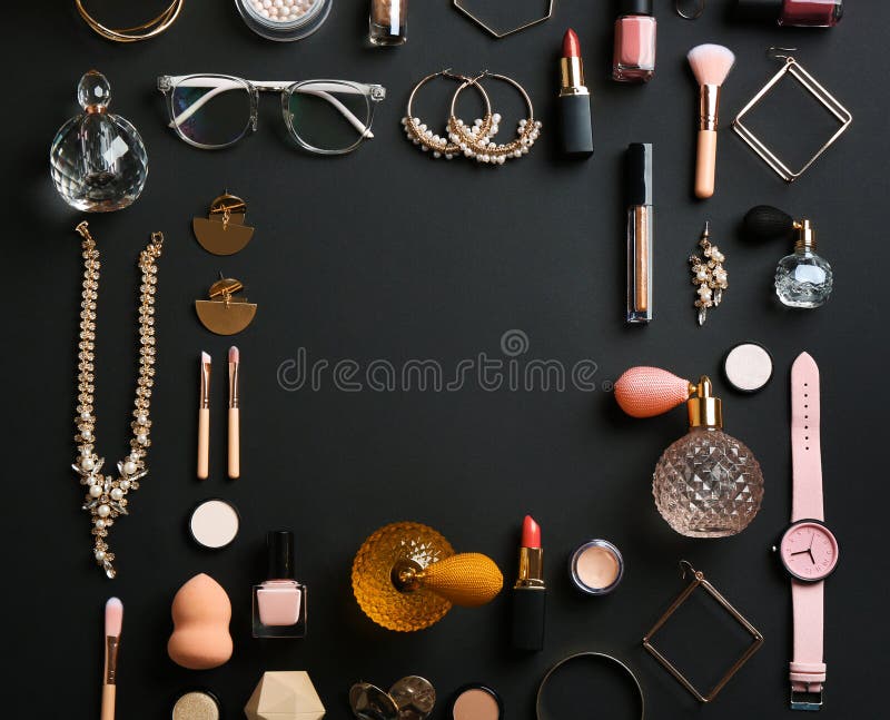 Frame Made of Perfume Bottles, Cosmetics and Accessories on Black ...