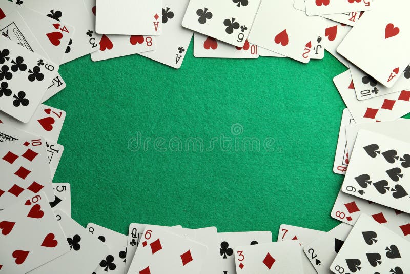 Fan of Playing Cards on Green Table, Top View. Space for Text Stock ...