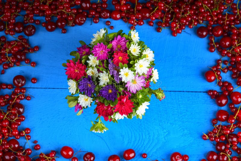 Frame Made of Red Currant and Cherry with Flower Bouquet Stock Photo ...