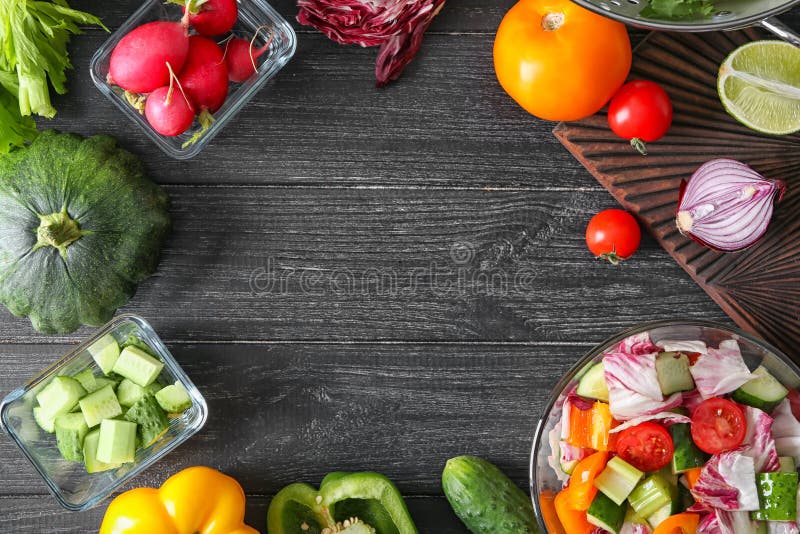 Frame Made of Vegetables Salad and Ingredients on Wooden Background ...