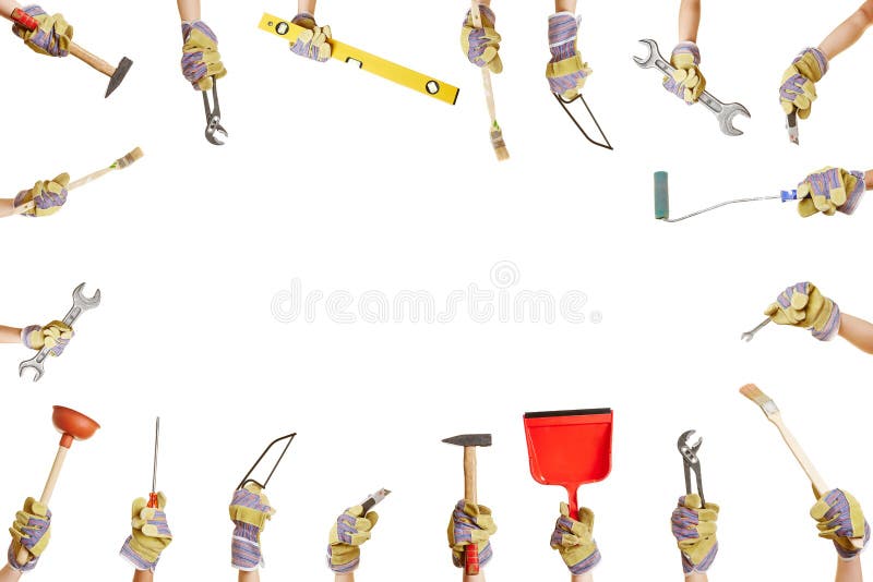 Frame with Many Hands Holding Tools Stock Image - Image of builder ...