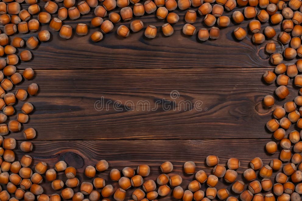 Frame of Many Hazelnuts with Shells on Brown Wooden Boards Stock Photo ...