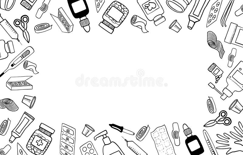 Frame of Medical and Pharmacy Items. Hand Drawn Illustration of Medical ...