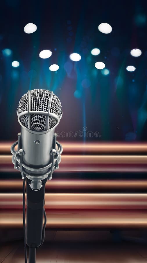 Frame Microphone on Stage with Wooden Bench, Blurred Light Background ...