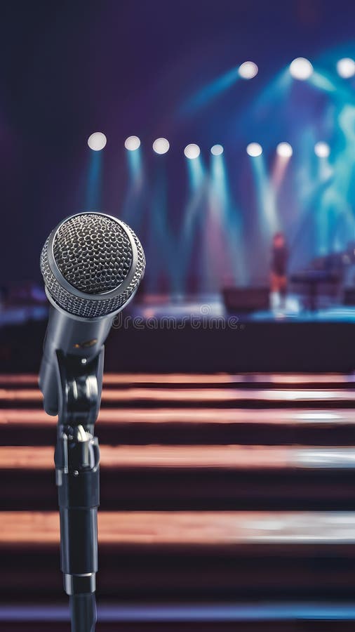 Frame Microphone on Stage with Wooden Bench, Blurred Light Background ...