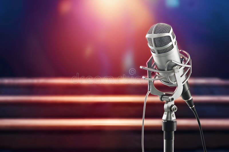 Frame Microphone on Stage with Wooden Bench, Blurred Light Background ...