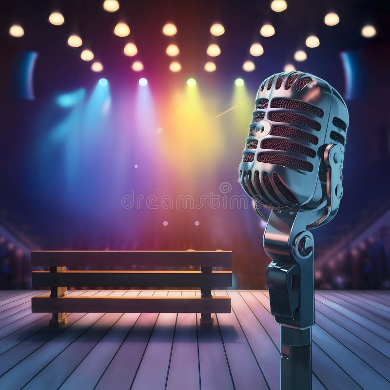 Frame Microphone on Stage with Wooden Bench, Blurred Light Background ...