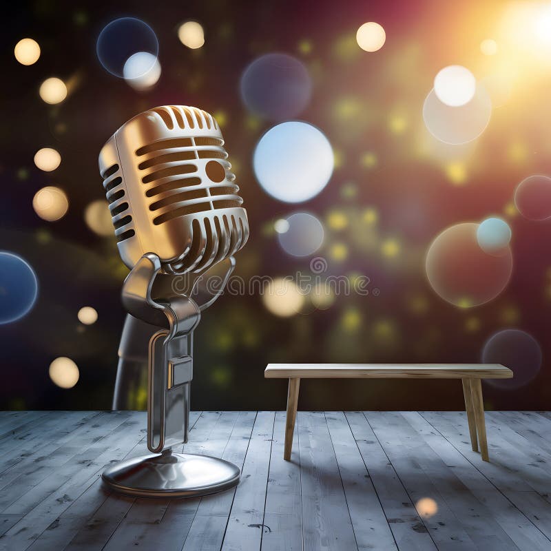 Frame Microphone on Stage with Wooden Bench, Blurred Light Background ...