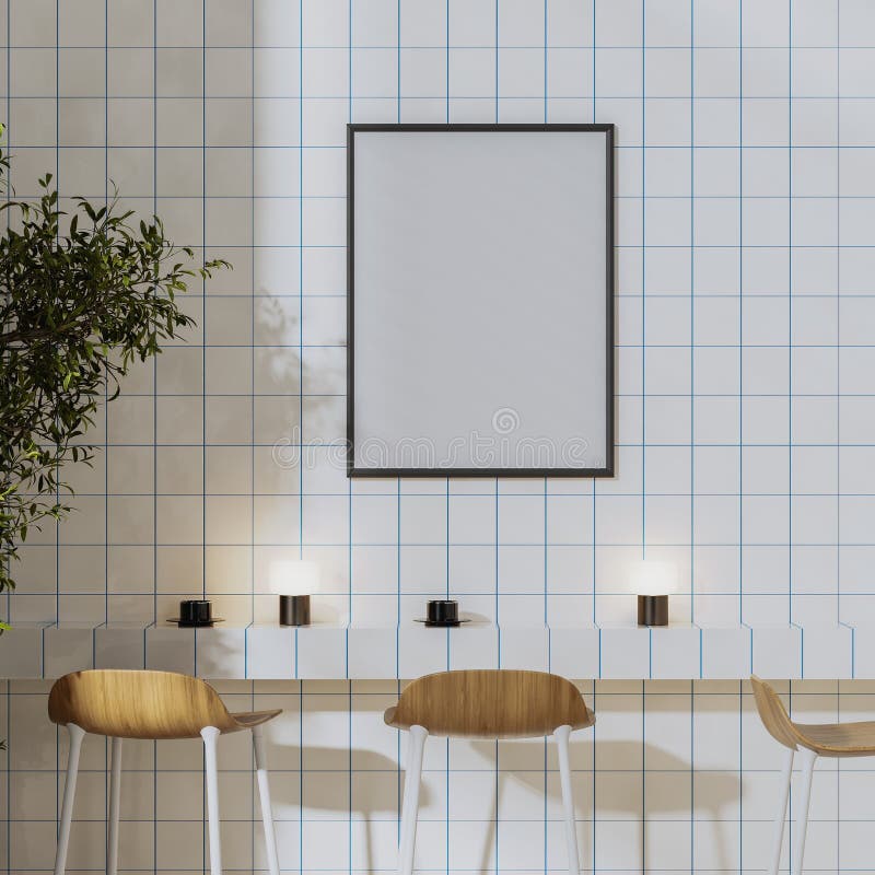 Frame Mock-up on White Tiled Wall in Modern Coffee Bar Interior, 3d ...