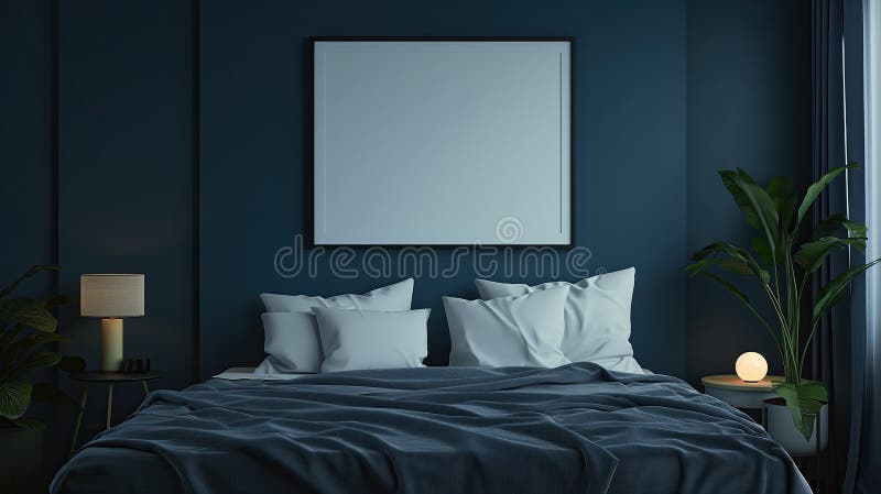 Frame Mockup in Cozy Blue Bedroom Interior Stock Photo - Image of navy ...
