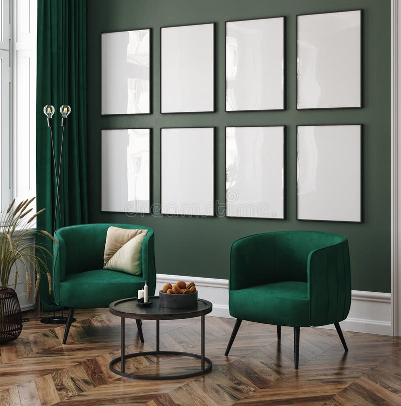 Frame Mockup in Dark Green Home Interior Stock Illustration ...