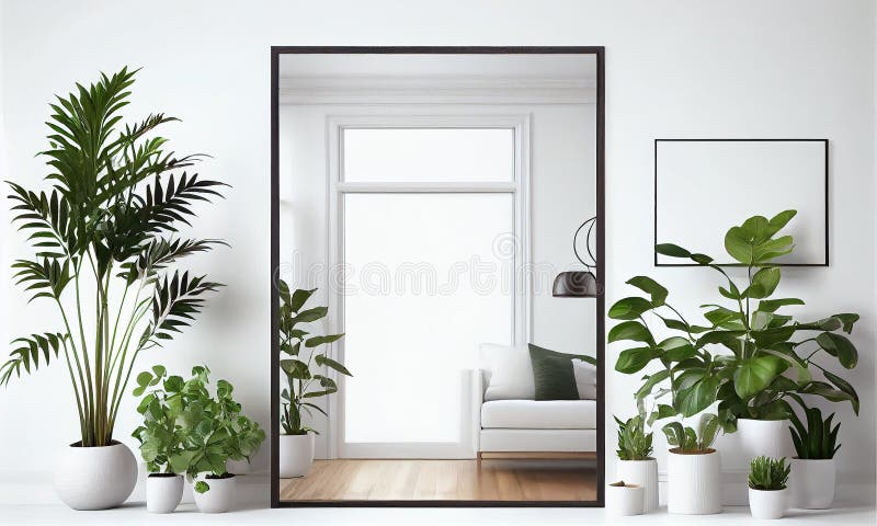 Frame Mockup Empty Blank on Wall, Mirror and Houseplants on ...
