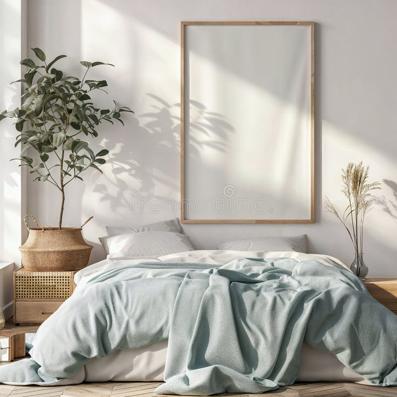 Frame Mockup in Interior. Cozy Bedroom with Empty Poster Frame and ...