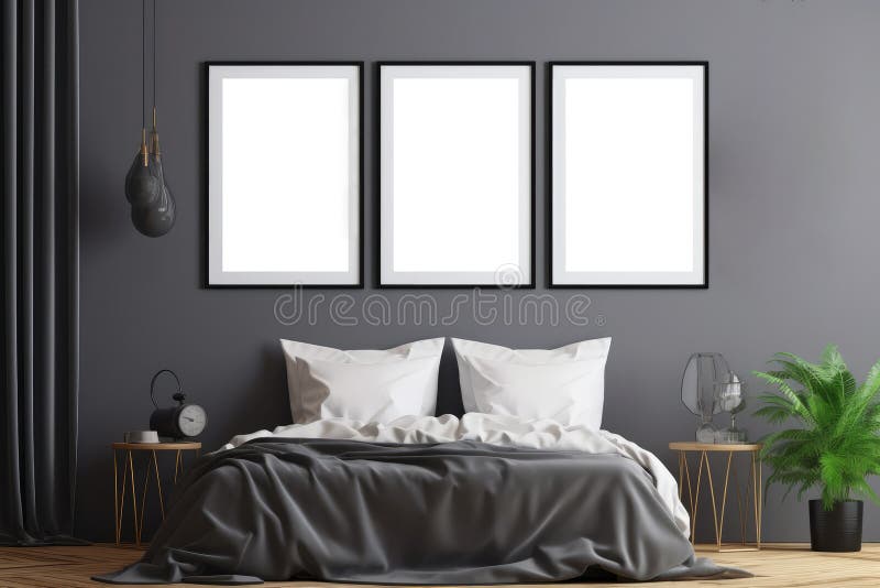 Frame Mockup in Modern Bedroom Design, Three Black Frames on Grey Wall ...