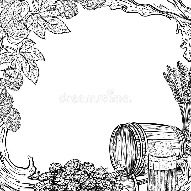 A Frame with a Mug of Beer, a Barrel, Grain Malt, Hops. Ingredients for ...