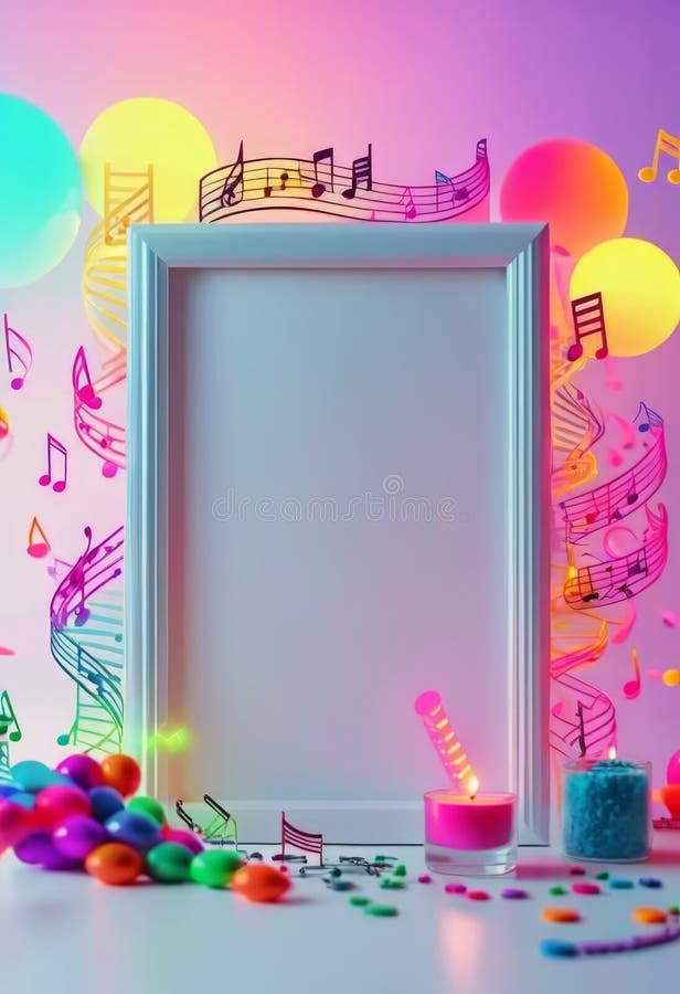 Frame with Music Notes and Balloons on Table Stock Illustration ...