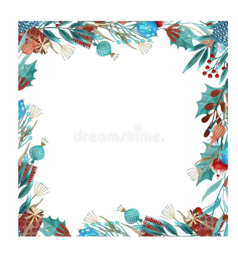 SQUARE CHRISTMAS CARTOON FRAME of FANTASY PLANTS, BLUE and RED ...