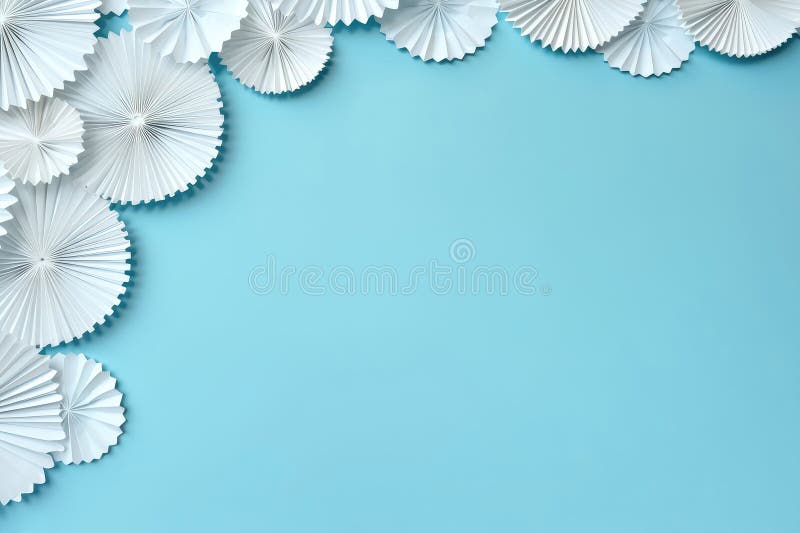 Frame of Paper Fans on Sky Blue Color Background, Empty Space ...