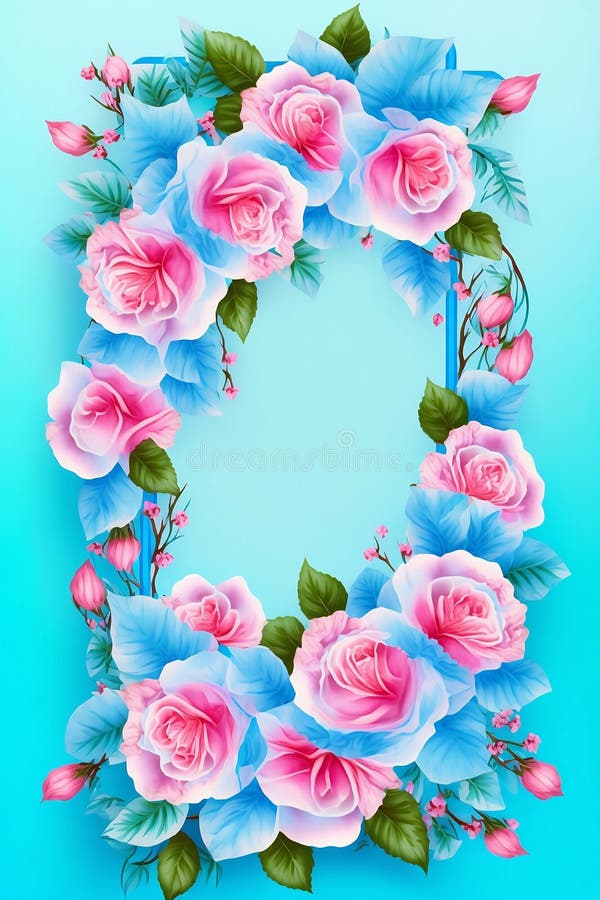 Frame with Pink Roses on Blue Background Stock Illustration ...
