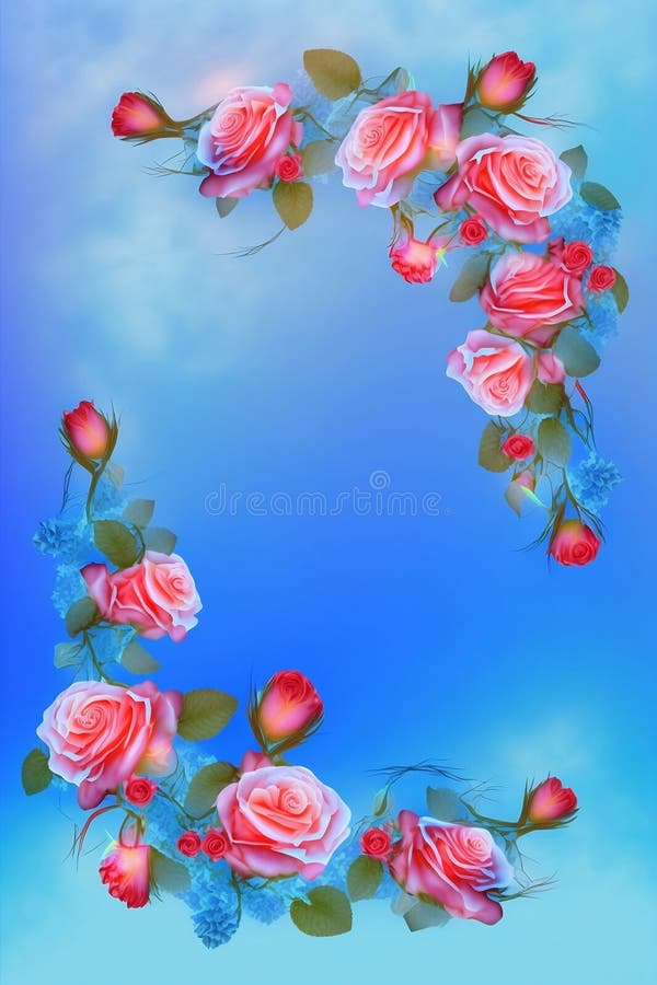 Frame with Pink Roses on Blue Background Stock Illustration ...